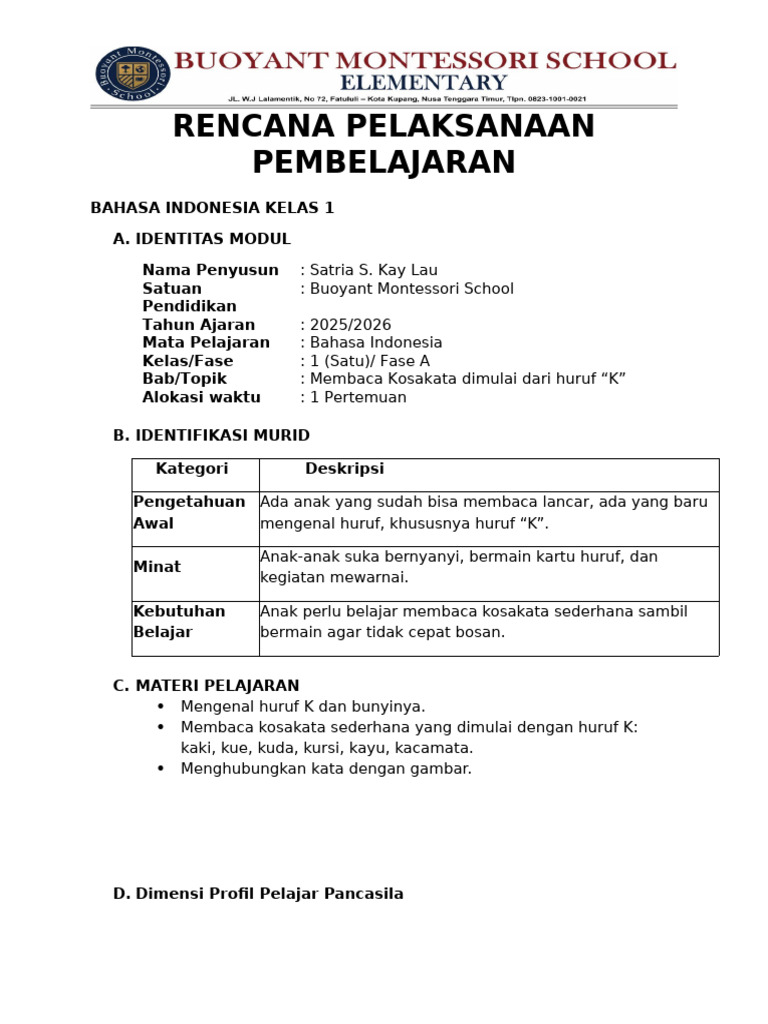 MODUL AJAR Membaca Kosakata Dimulai Dari Huruf K | PDF