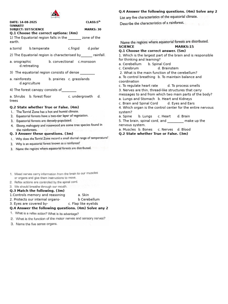 5th Grade SST and Science Quiz | PDF | Spinal Cord | Brain