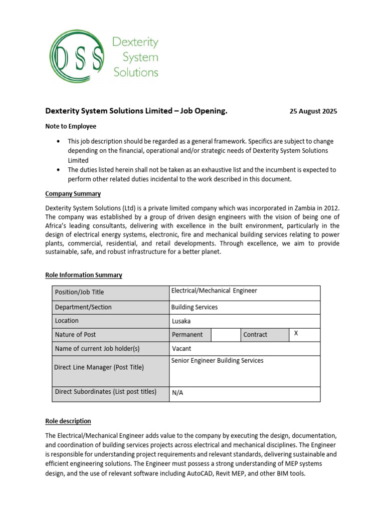 Dexterity System Solutions Limited - Job Description (Engineer Building ...
