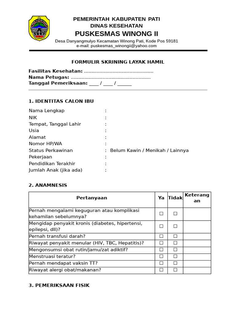 ? FORMULIR SKRINING LAYAK HAMIL NEW | PDF