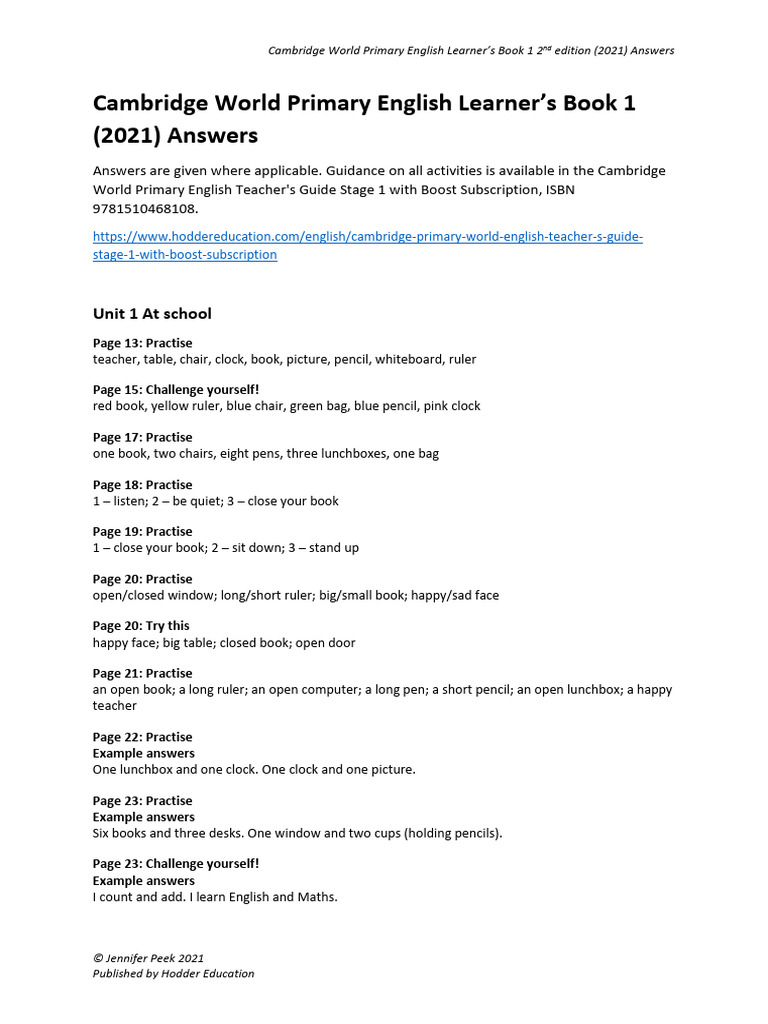 Cambridge Primary English 1 Answers | PDF