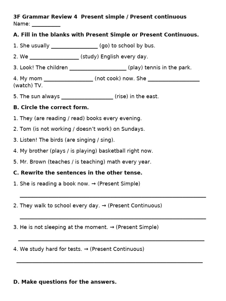 3F Grammar Review 4 Present Simple Present Continuous | PDF