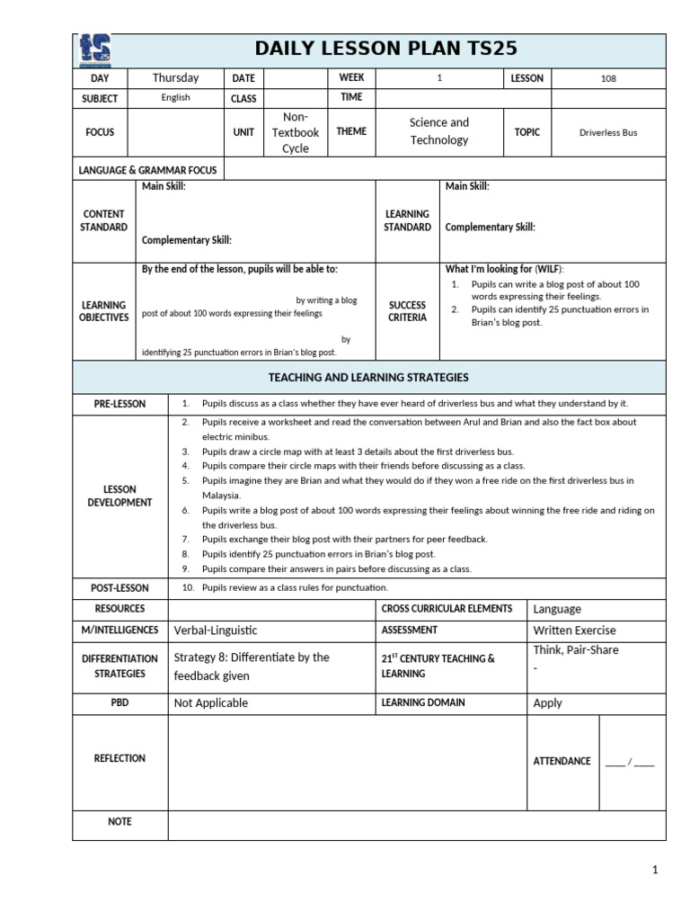 Driverless Bus Lesson Plan for English | PDF | Lesson Plan | Learning