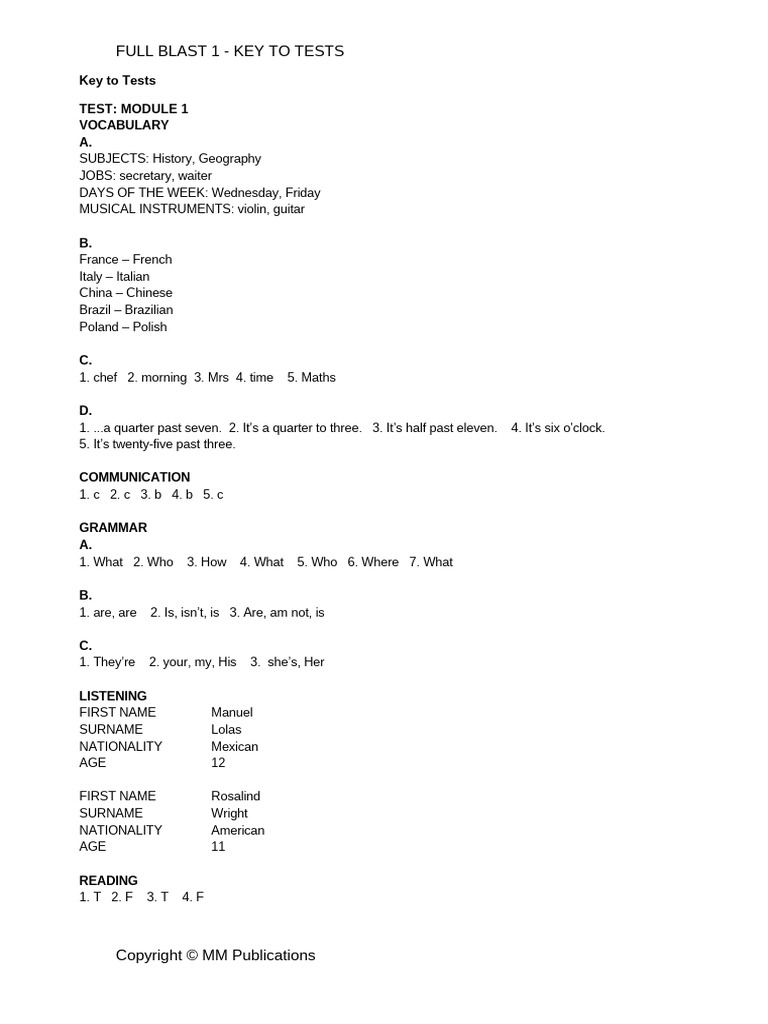 Full Blast 1 Test Key | PDF
