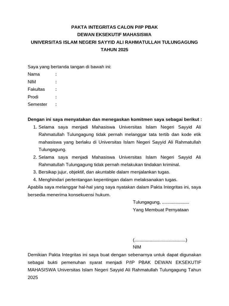 Pakta Integritas Mahasiswa UIN Tulungagung | PDF