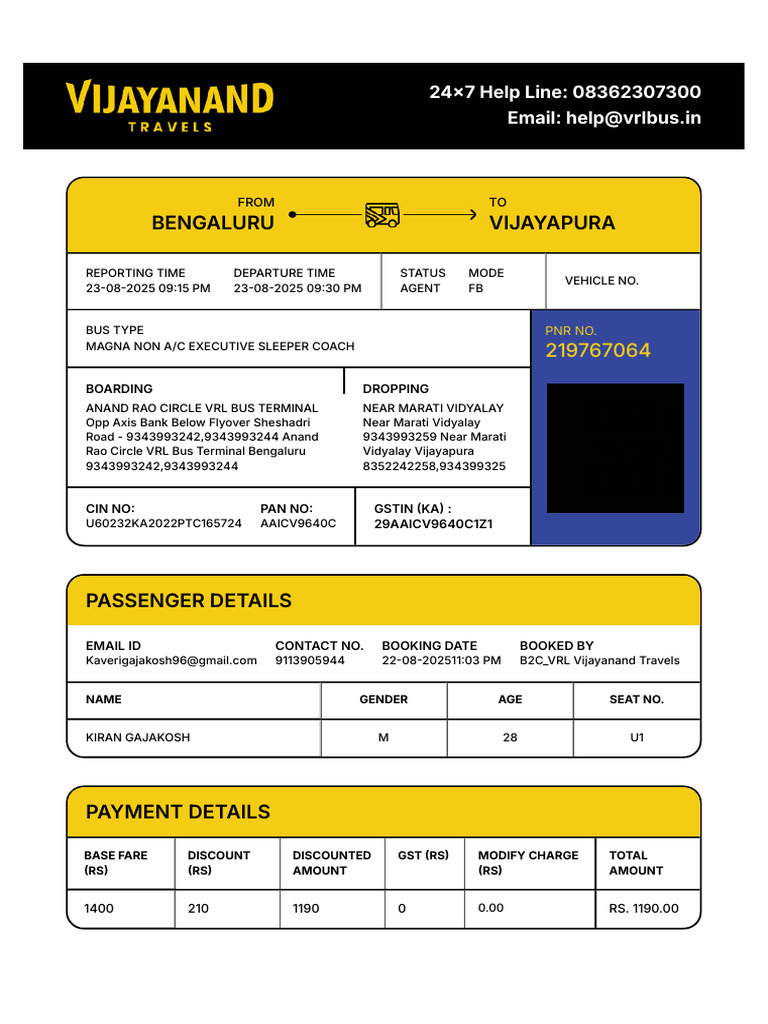 VRL Bus Ticket Confirmation Details | PDF