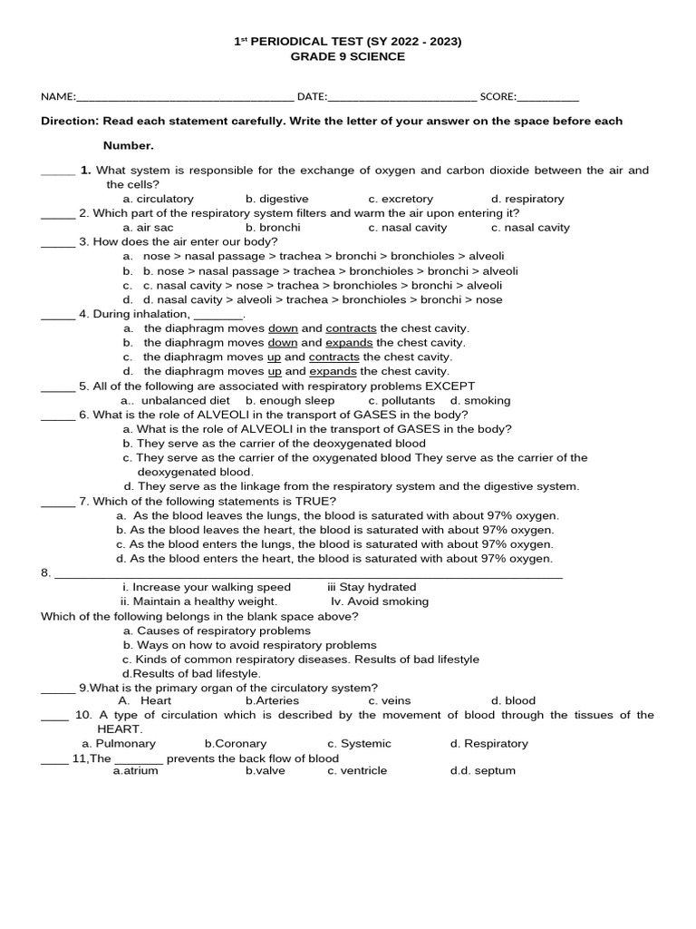 Grade 9 Science Periodical Test | PDF | Heart | Respiratory System