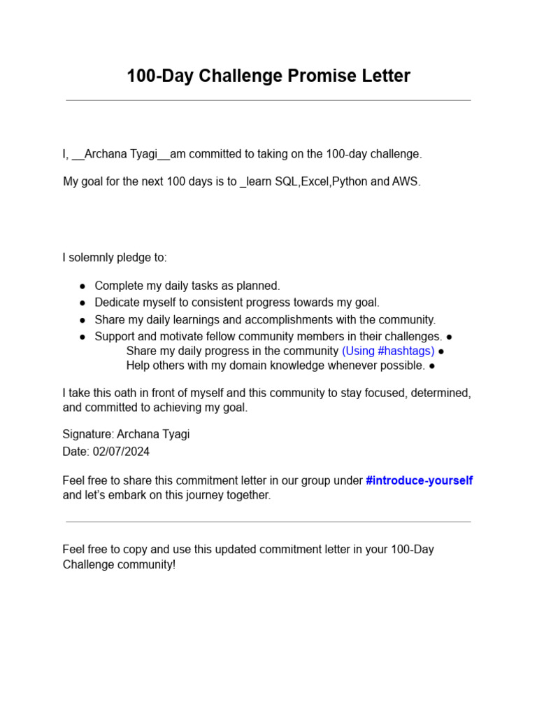 100-Day Challenge Commitment Letter | PDF