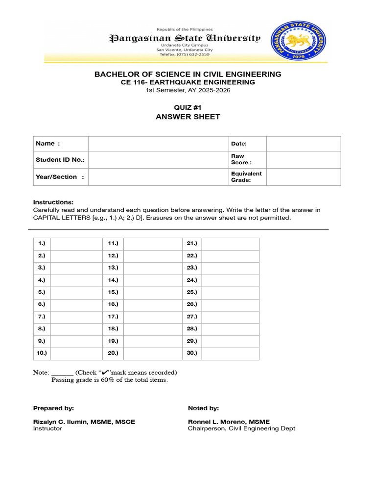 Earthquake Engineering Quiz Answer Sheet | PDF