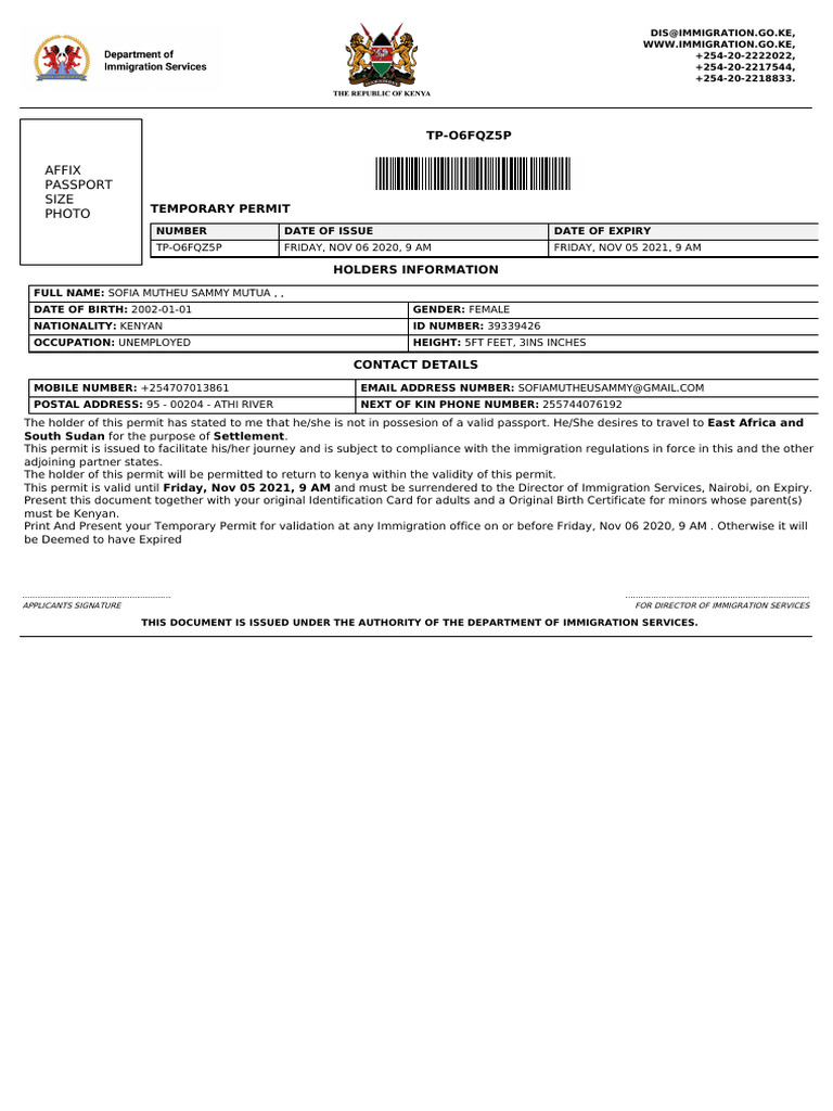 TP O6fqz5p Temporary Permit | PDF | Identity Document | Authentication