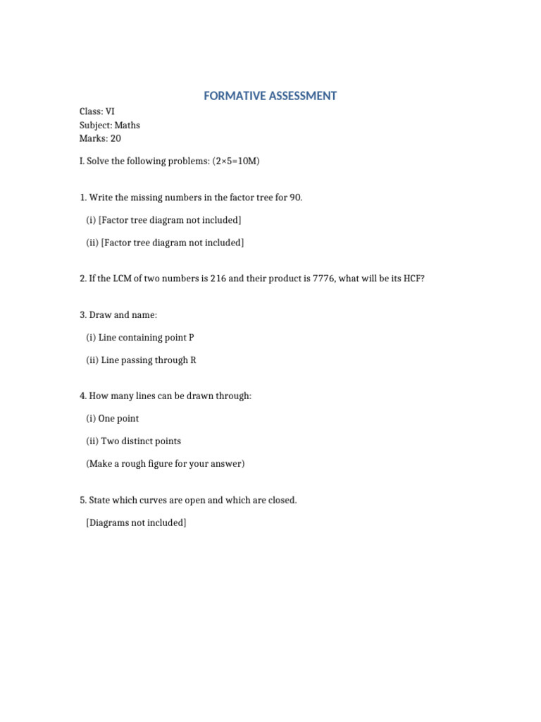 Formative Assessment Maths Class VI | PDF