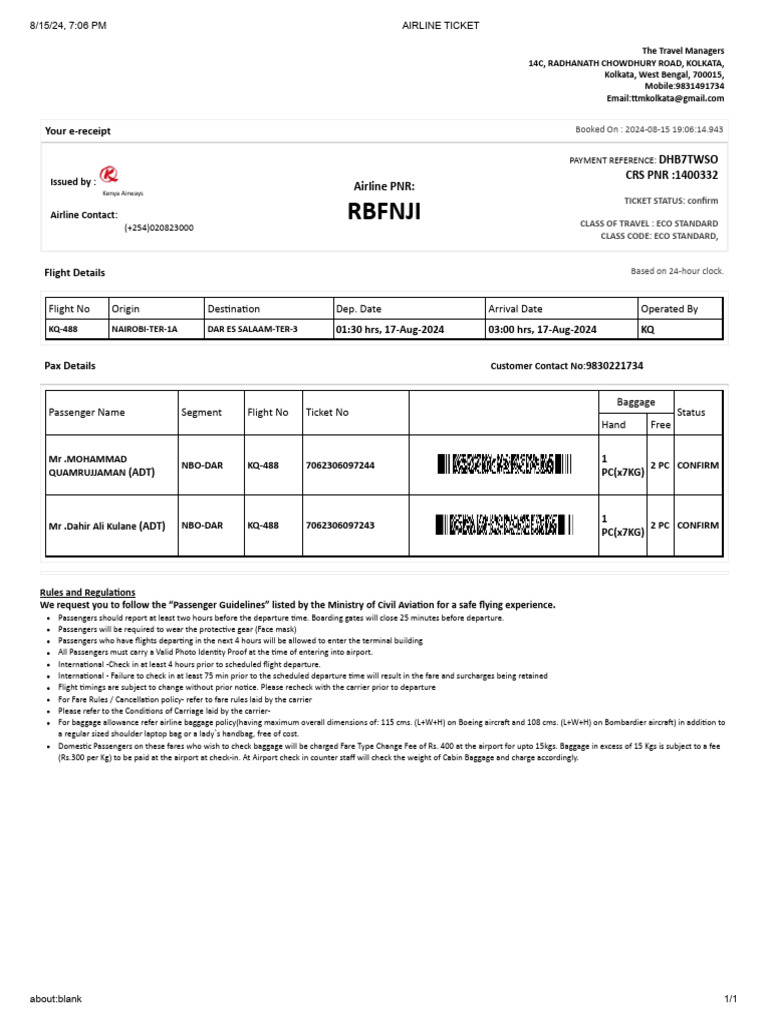 Airline Ticket - Nbo - Dar | PDF | Airlines | Transport