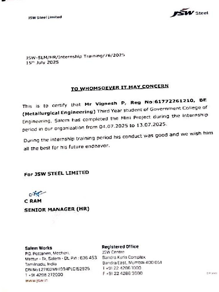 JSW Intern Certificate | PDF