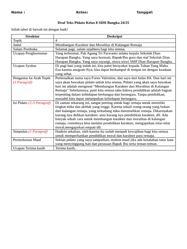 (Aktivitas 1) Draf Teks Pidato Kelas 8 Sdh Bangka 2025 - Salin 1 | PDF