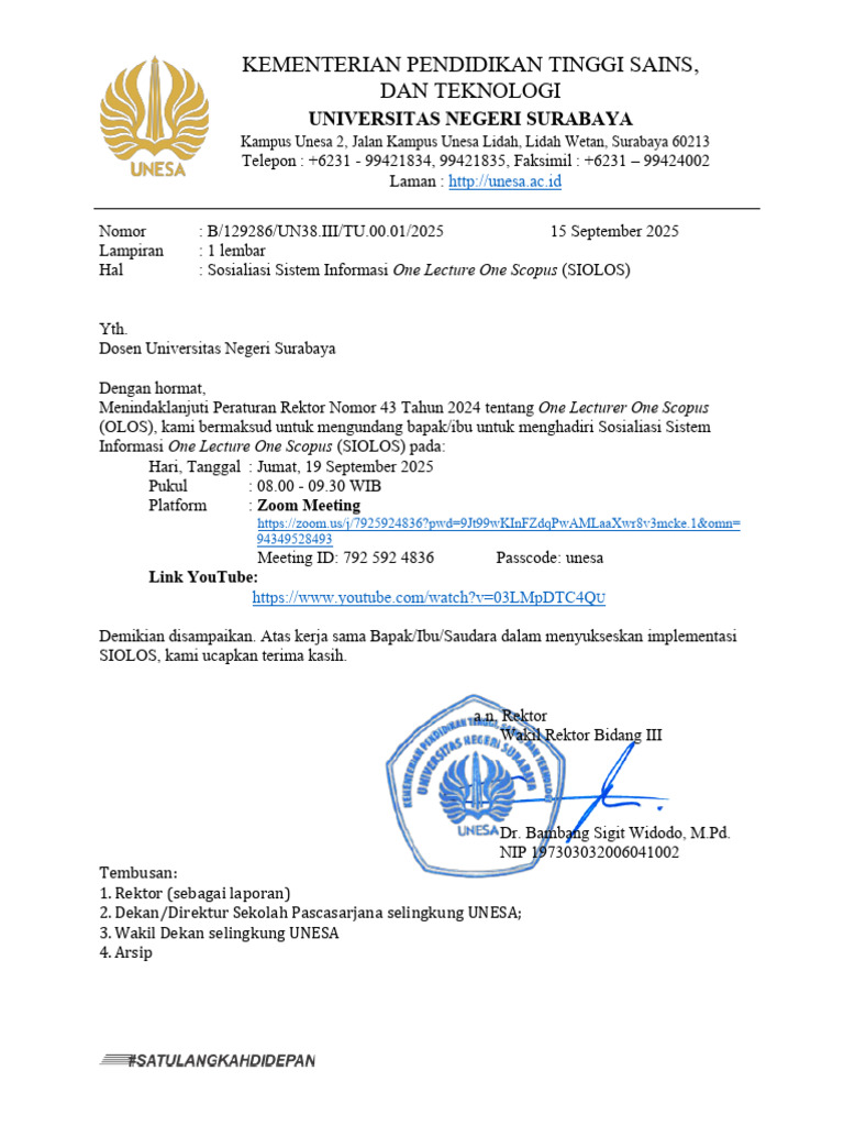 Undangan Sosialisasi Sistem Informasi One Lecture One Scopus (SIOLOS) 2025 | PDF