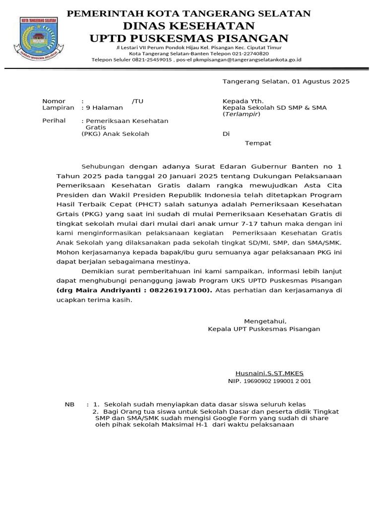 Surat Undangan PKG Anak Sekolah 2025 Revisi | PDF