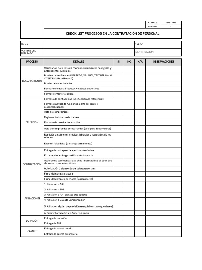 RH-FT-003 Check List Proceso de Contratación (1) | PDF