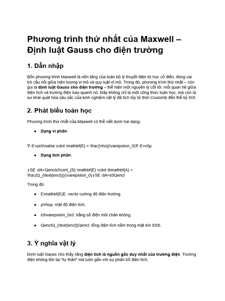 Bài Luận - Phương Trình Thứ Nhất Của Maxwell - Định Luật Gauss Cho Điện Trường - Google Tài Liệu ...
