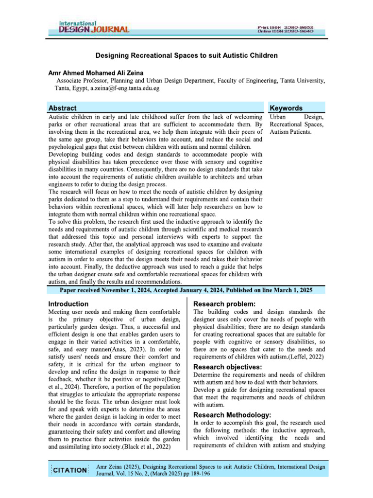 Designing Recreational Spaces To Suit Autistic Children | PDF