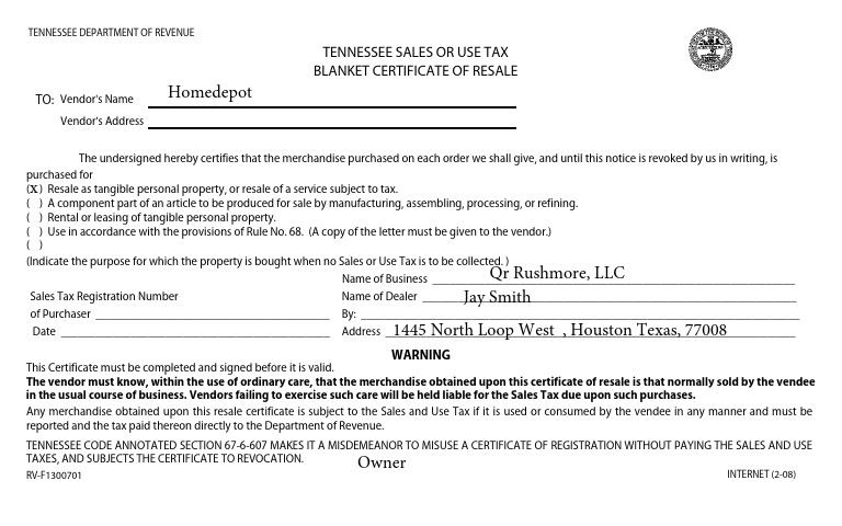 TN Resale Cert | PDF | Use Tax | Sales Taxes In The United States