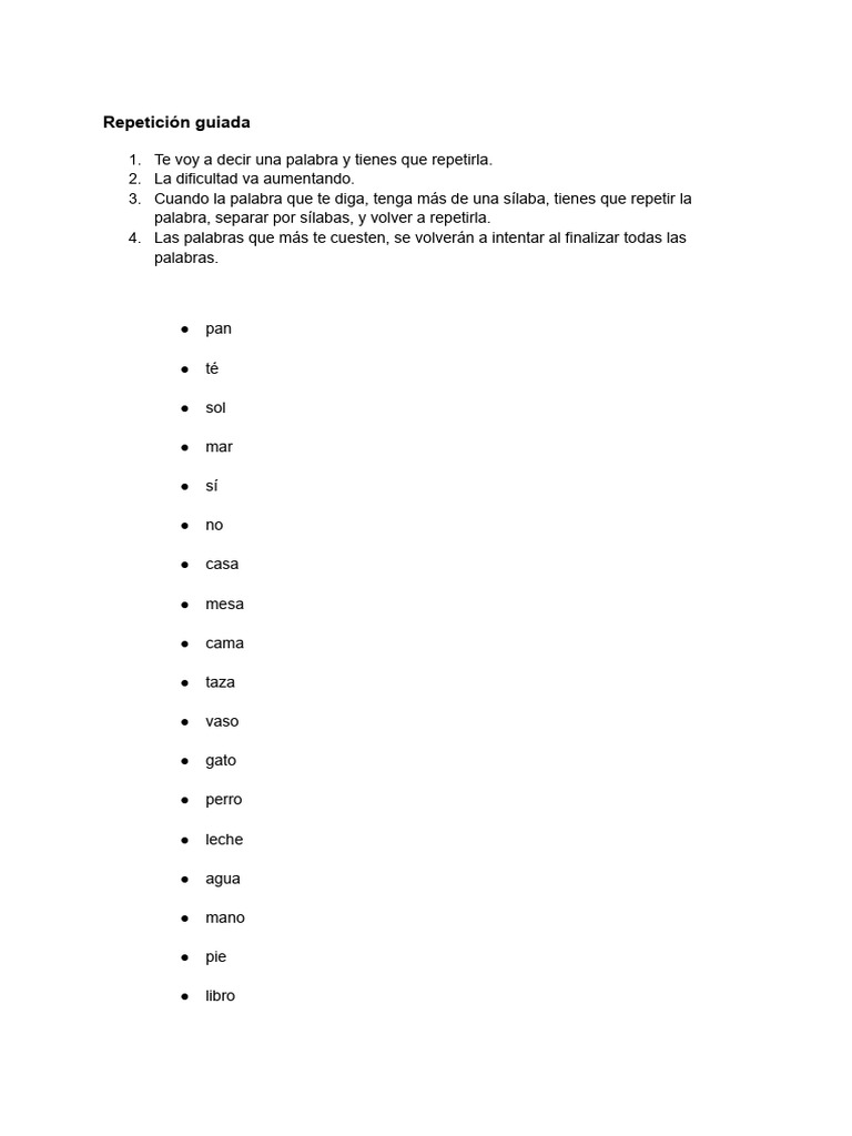 Ejercicio de Repetición Guiada de Palabras | PDF