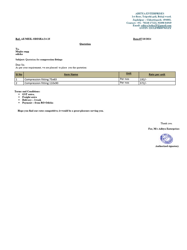 Quotation Compression Fitting - October 2024 | PDF
