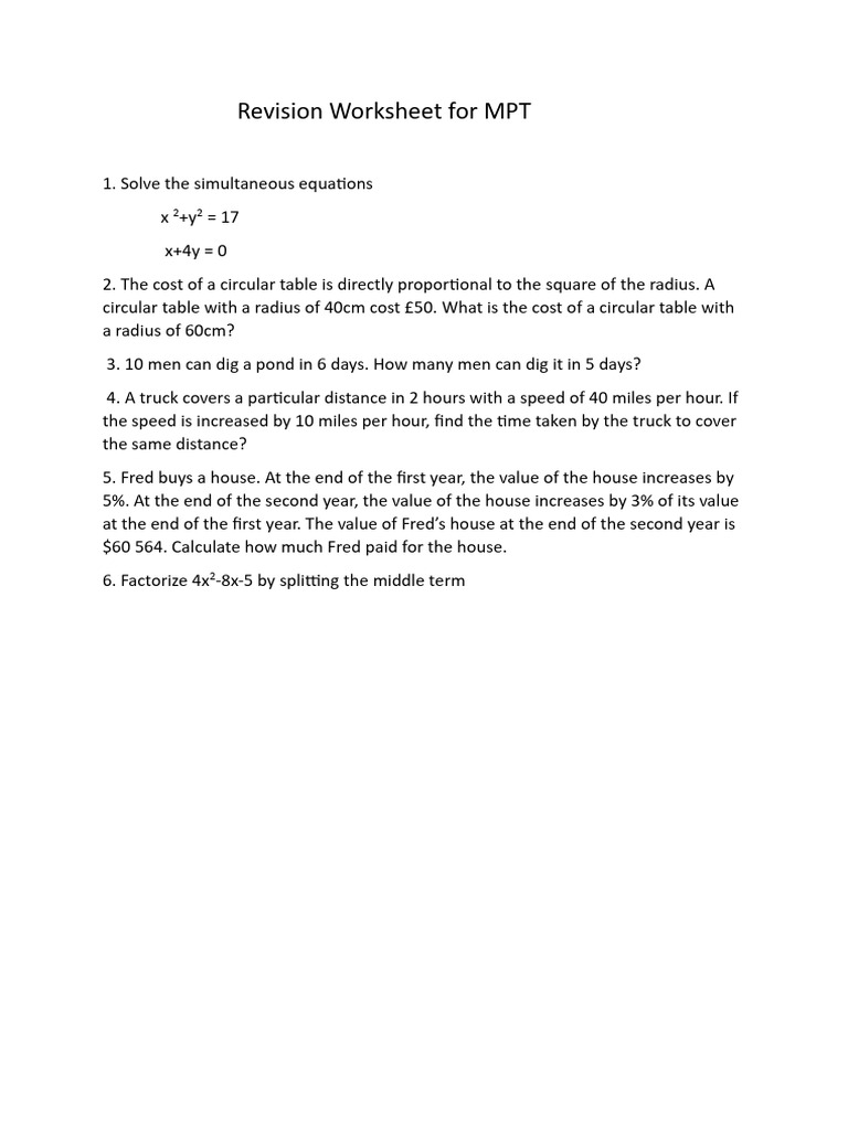 Revision Worksheet For MPT | PDF