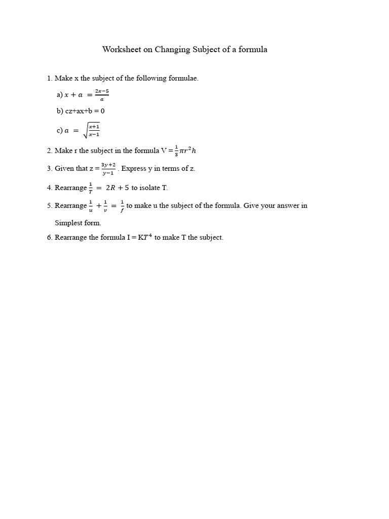 Changing the Subject of Formulas Worksheet | PDF