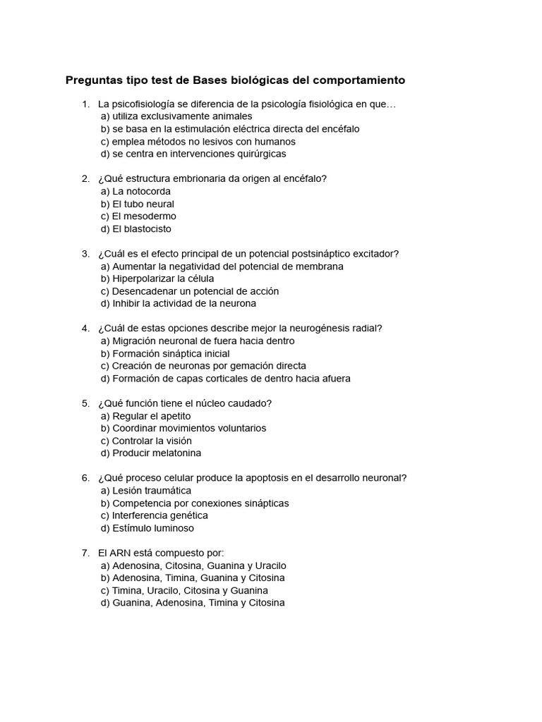 Preguntas Tipo Test - Bases Biológicas | PDF | Sinapsis | Sistema nervioso