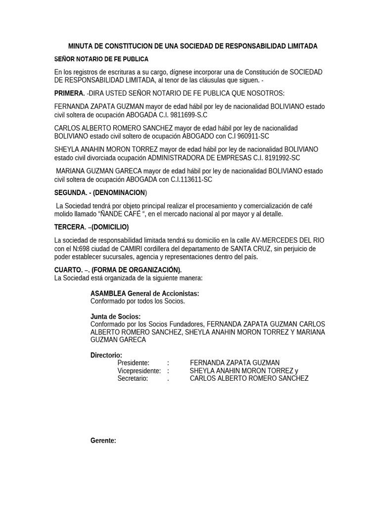 Minuta de Constitucion de Una s.r.l | PDF | Sociedad de responsabilidad limitada | Negocios ...