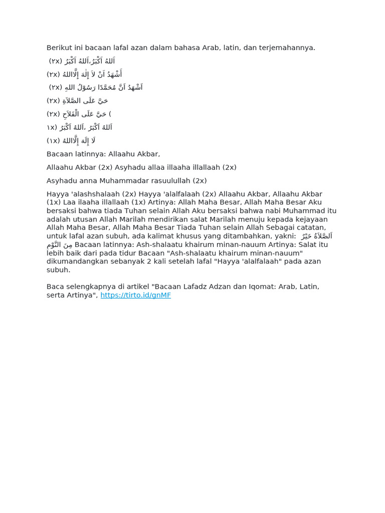 Bacaan Azan: Arab, Latin, dan Arti | PDF
