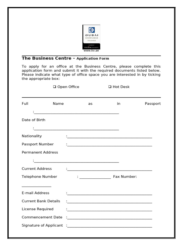 Business Centre Office Application Form | PDF