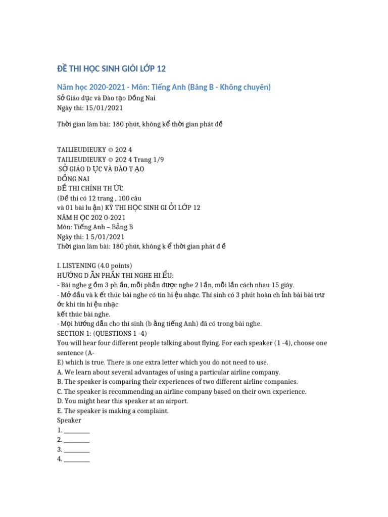 De HSG TiengAnh12 DongNai 2020-2021 BangB FULL TEXT | PDF | Advertising ...