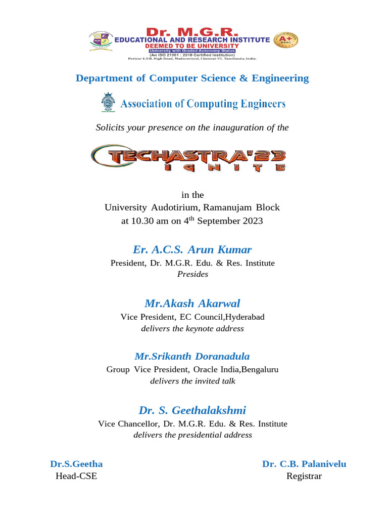 Invitation Format - E&T Techastra 23 (Inaugural) | PDF