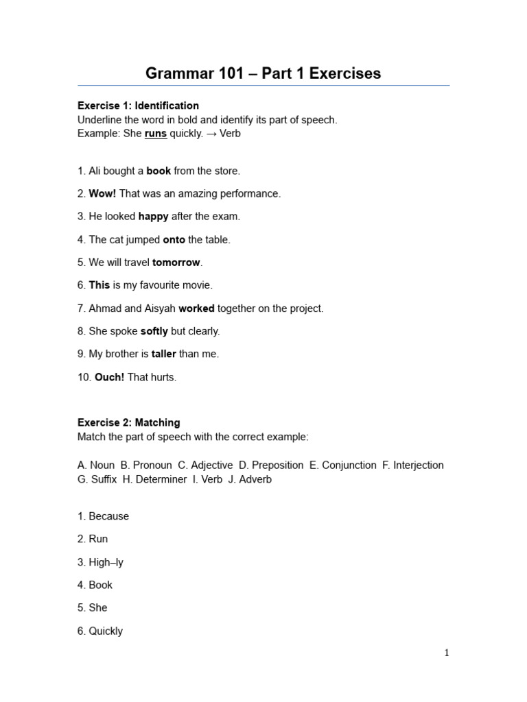 Grammar101 Part1 Exercises | PDF