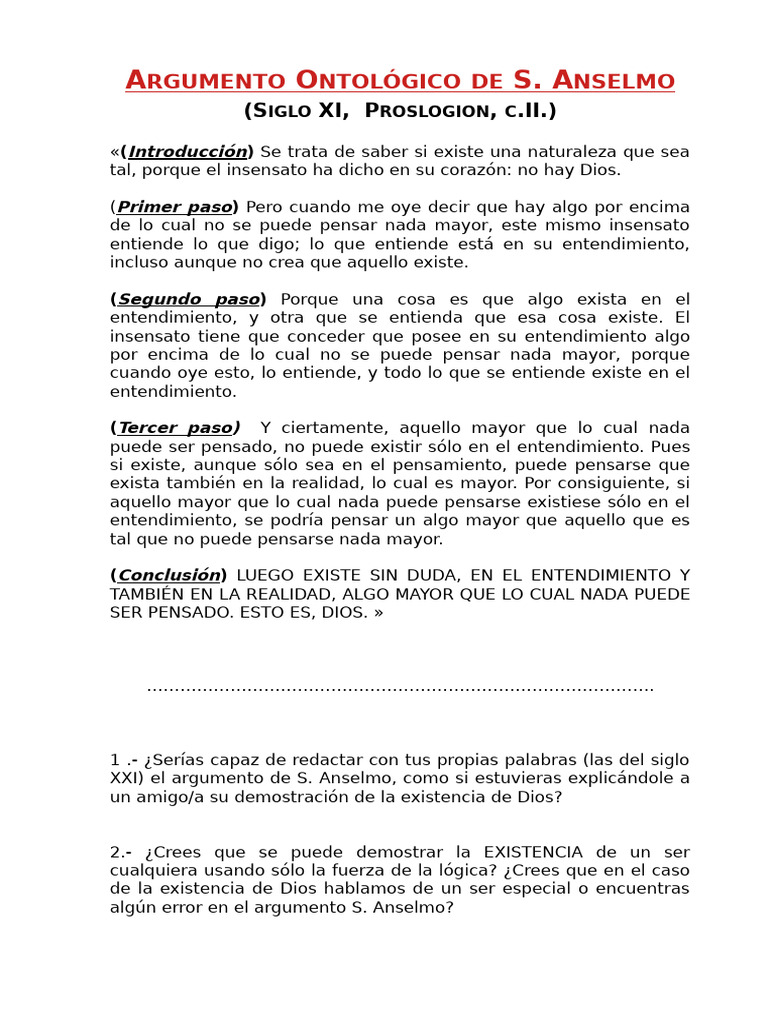 Argumento Ontológico de San Anselmo | PDF