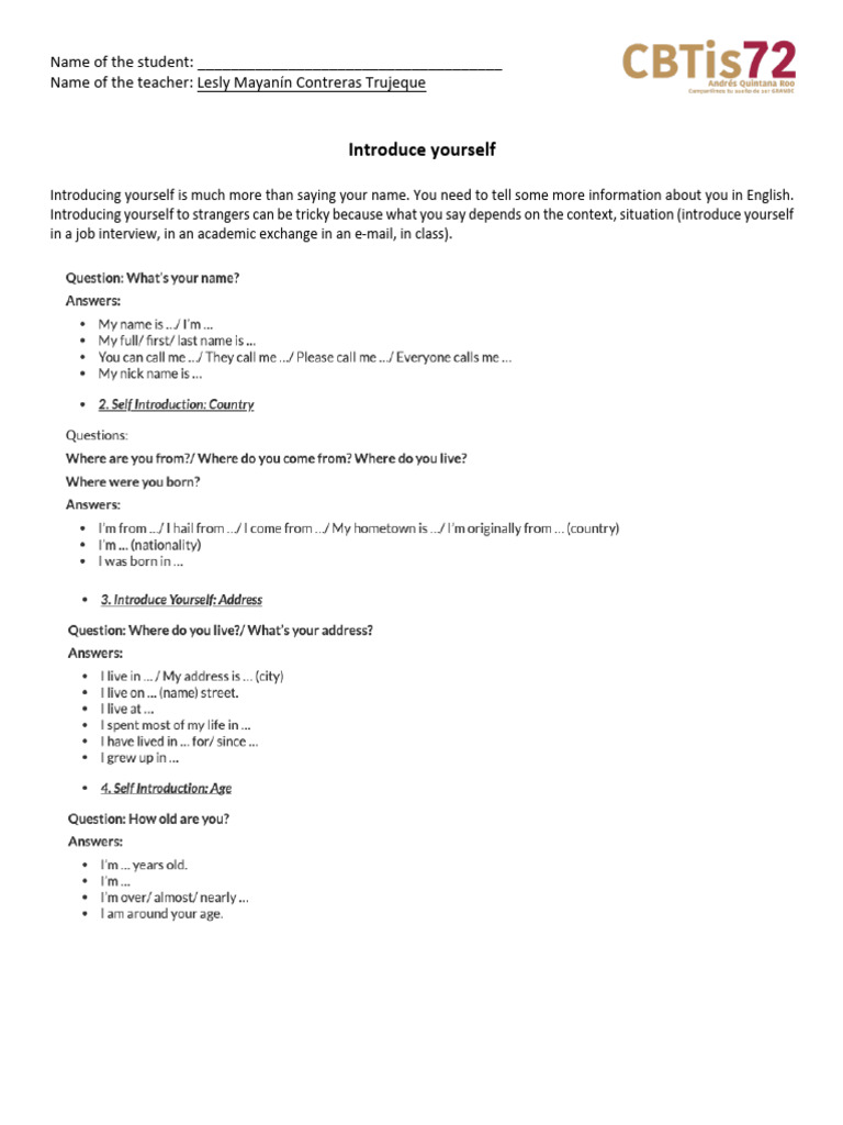 Self-Introduction Worksheet for Students | PDF