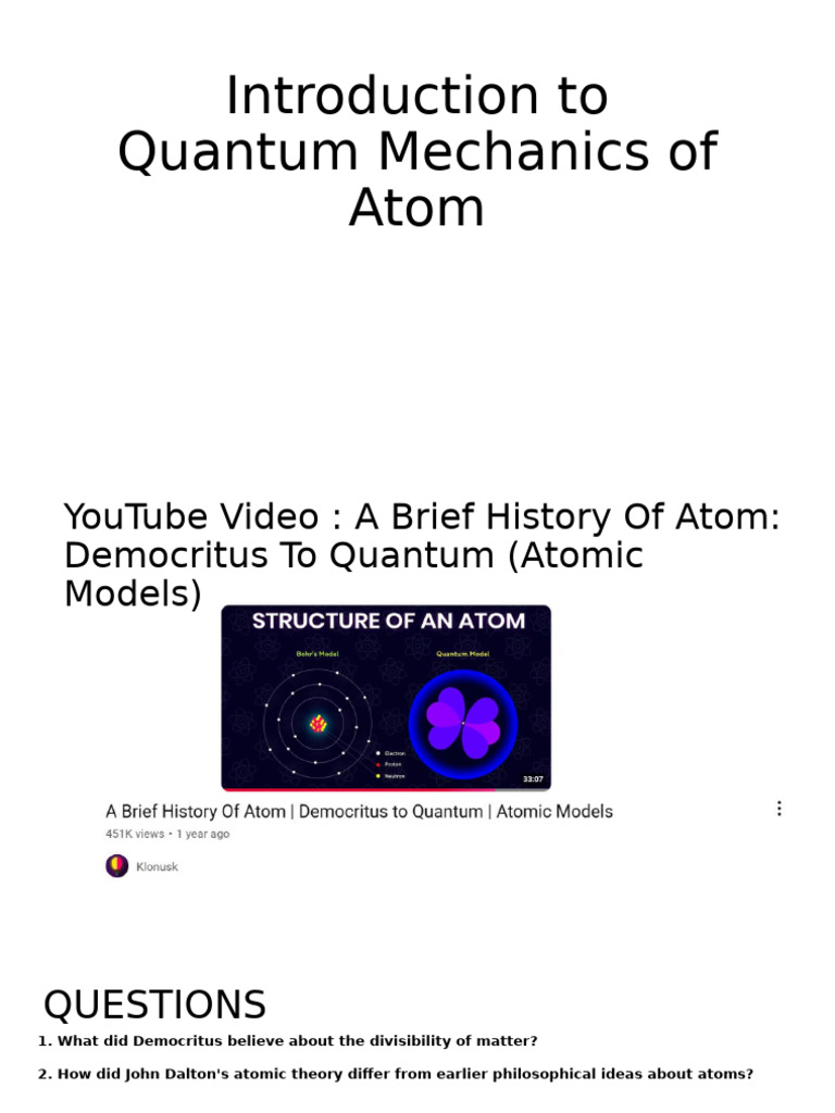 L1 Introduction To Quantum Mechanics of Atom | PDF