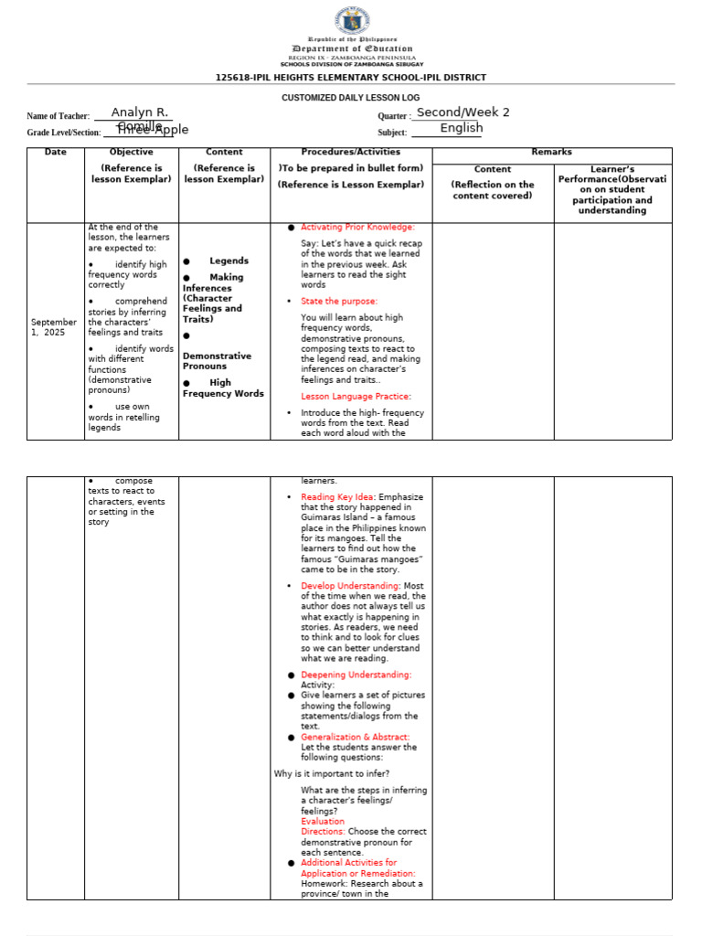 Daily Lesson Log for Grade 3 English | PDF | Word | Sentence (Linguistics)