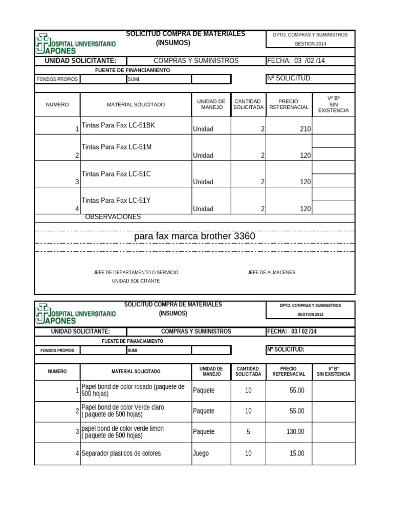 Solicitud de Compra de Materiales e Insumos 2013 | PDF