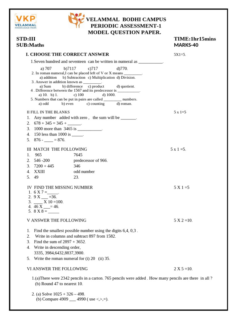 Grade3. Model Question Paper Maths (2025) | PDF | Elementary ...