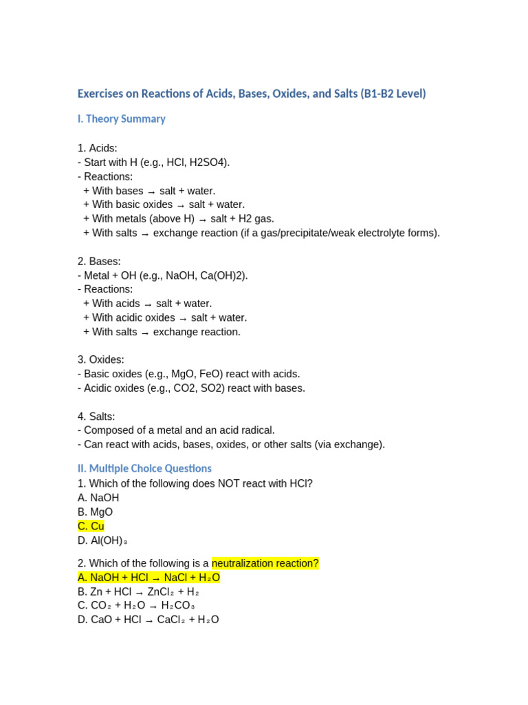 Acid Base Oxide Salt Exercises B1 B2 | PDF | Hydroxide | Sodium Hydroxide