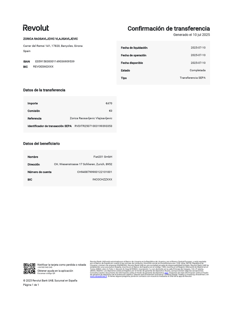 Comprobante Revolut | PDF | Transferencia bancaria | Industrias de servicio