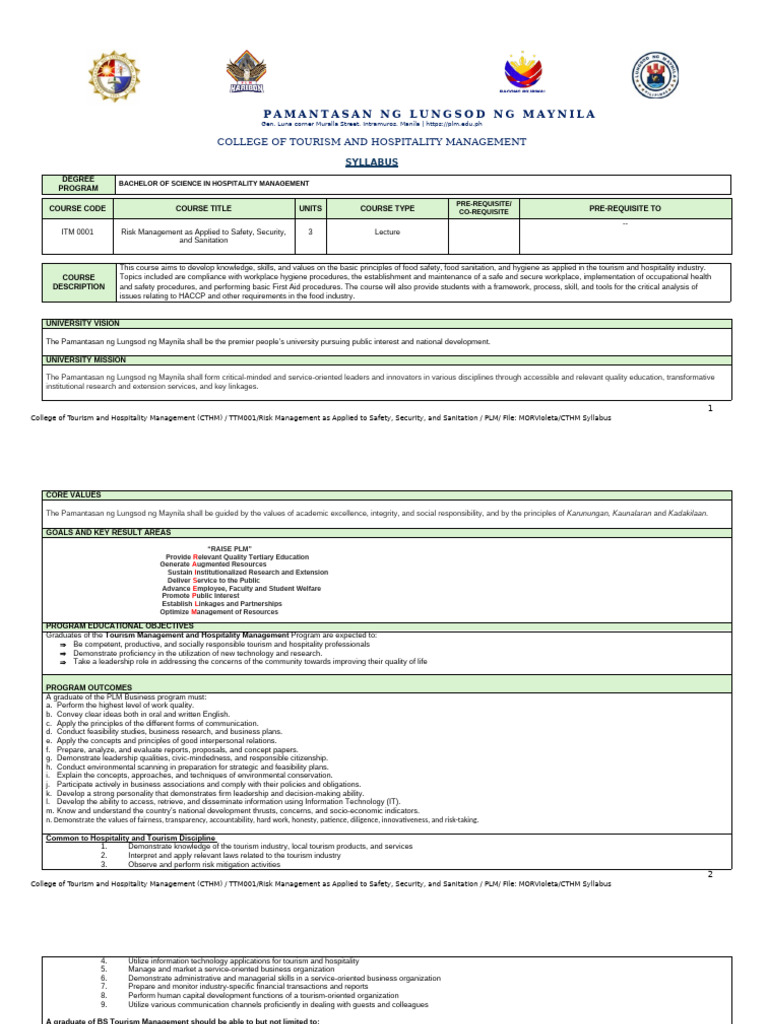 Risk Management in Hospitality Course | PDF | Hazards | Foodborne Illness