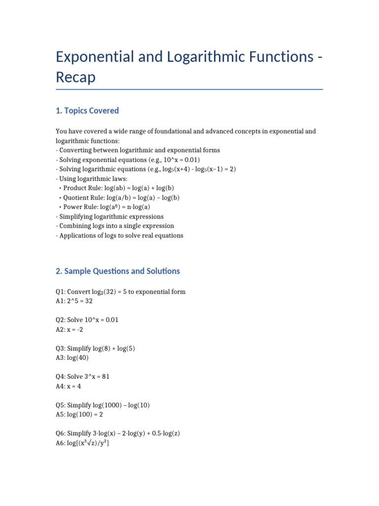 Exponential and Logarithmic Functions Recap Ikerchase | PDF
