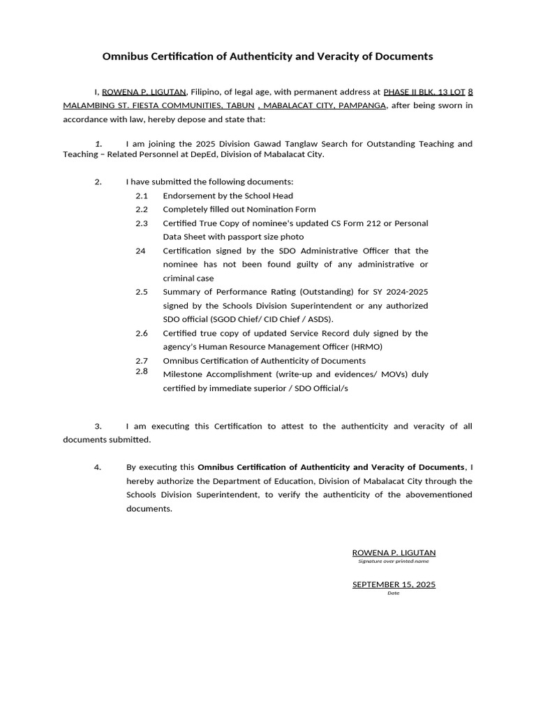 Omnibus Certification of Authenticity and Veracity of Documents | PDF