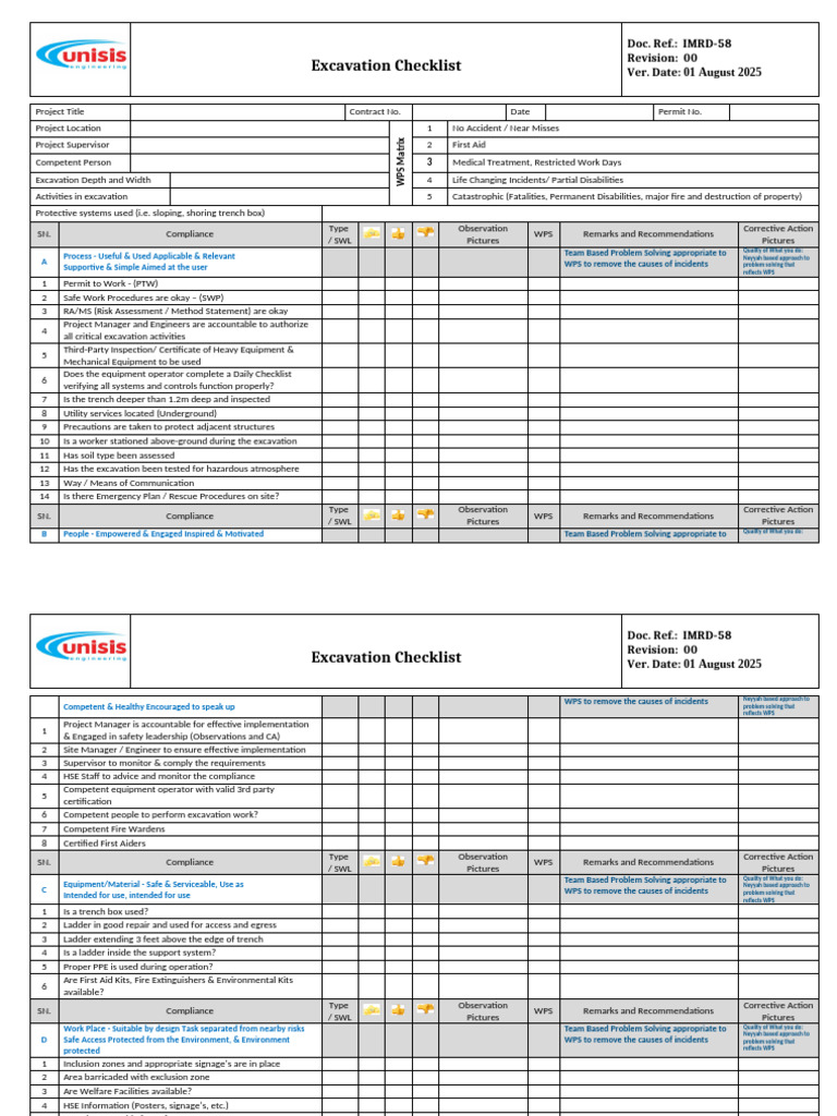 UNISISFRM.041 - Excavation Checklist | PDF | Safety | Occupational Safety And Health