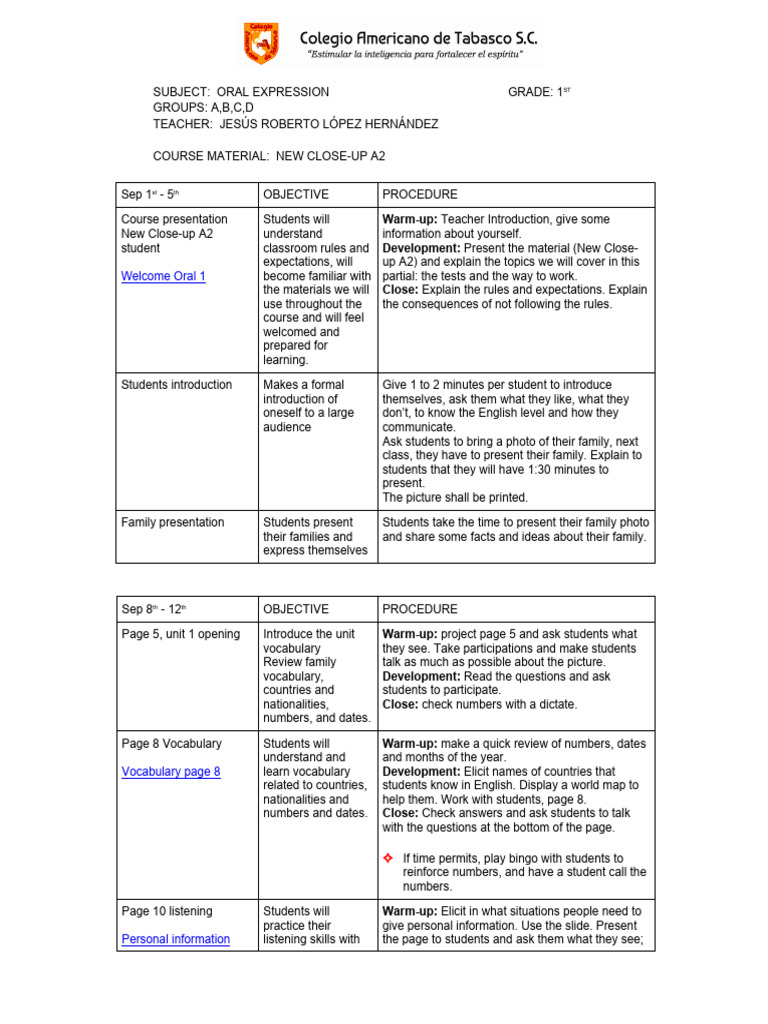 1st Grade Oral Expression Course Plan | PDF | Vocabulary | Human ...