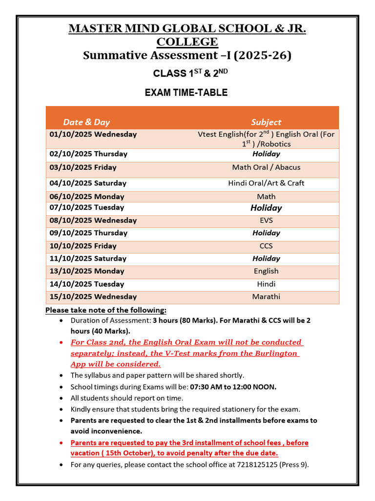 Parent Portalfinal Sa-1 Time Table (2025-26) | PDF