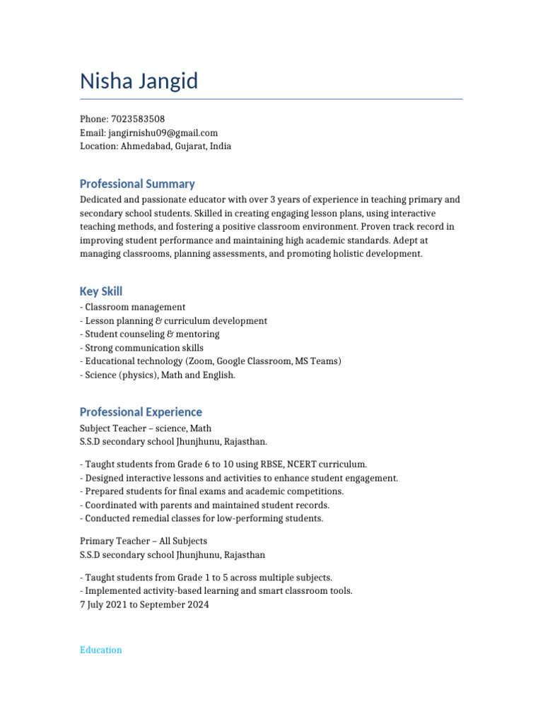 Sample Teacher Resume | PDF